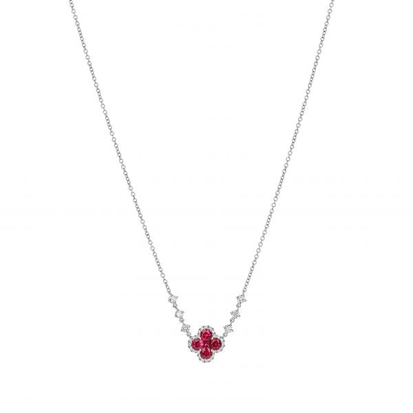 18K White Gold Ruby Clover And Diamond Station Chain Necklace